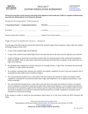 Fillable Online wcupa 2016-2017 Custom Verification Worksheet - Office of Financial Aid Fax ...