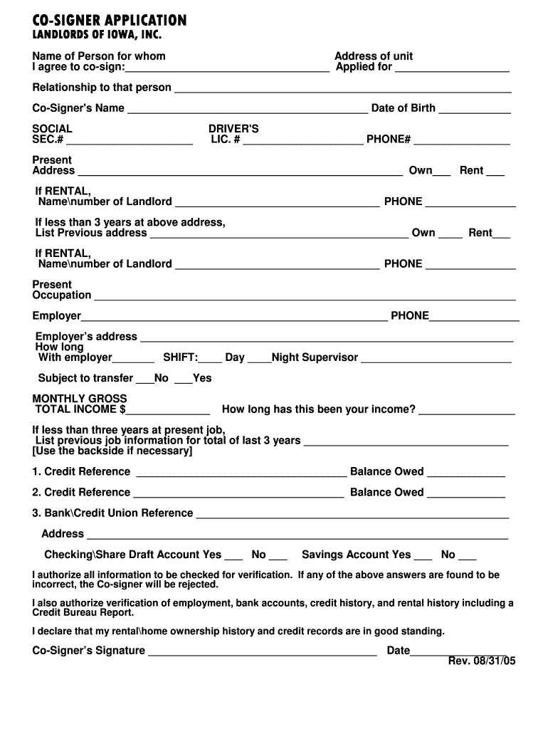 Fillable Online A04-Co-Signer Application 2005 - Landlords of Black ...