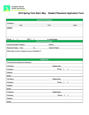 Fillable Online cmha-yr on 2016 Spring Term Start May Student Placement ...