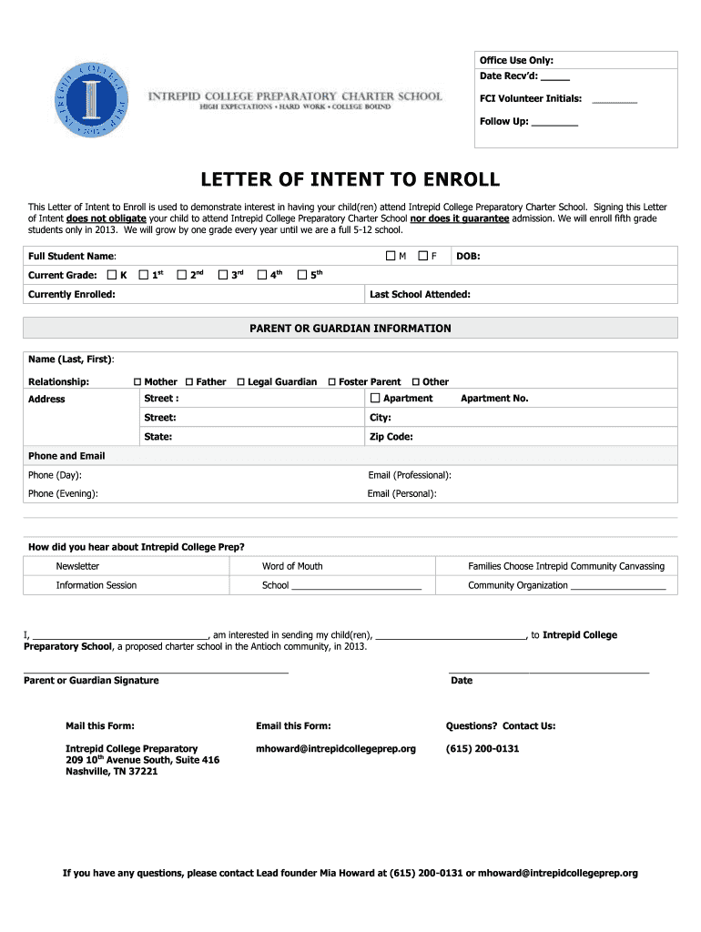 Fillable Online intrepidcollegeprep LETTER OF INTENT TO ENROLL ...