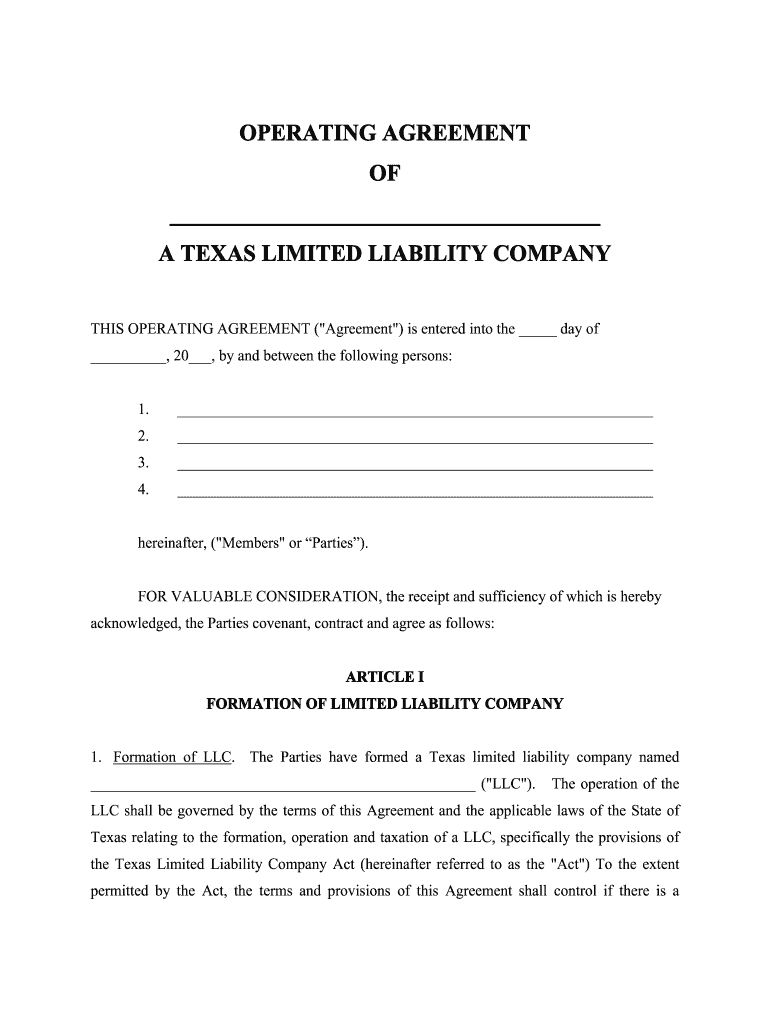 Llc Operating Agreement Texas Fill Online Printable Fillable Blank 