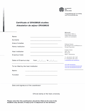 Fillable Online BCertificateb of ERASMUS studies Attestation de sjour ...