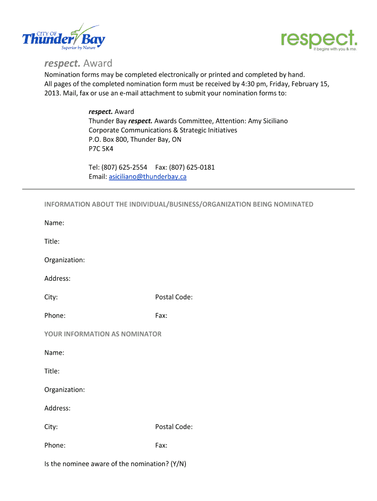 Fillable Online respect. Award Nomination Fax Email Print - pdfFiller
