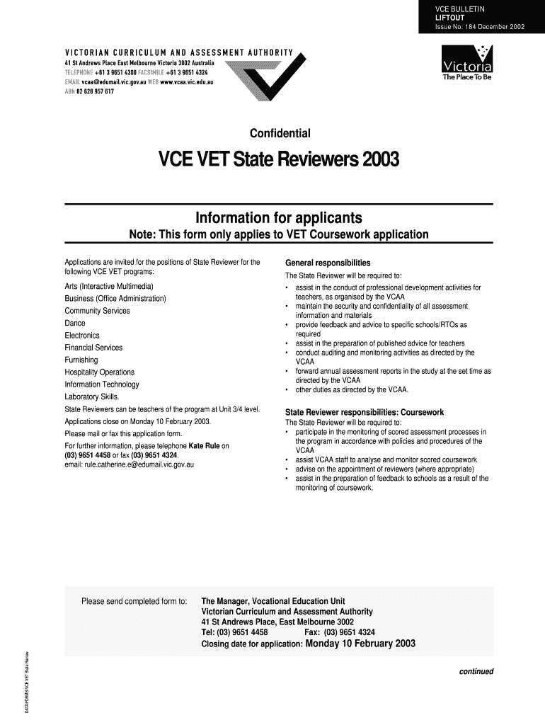Fillable Online VCE VET State Reviewers 2003 Application Fax Email Print - pdfFiller