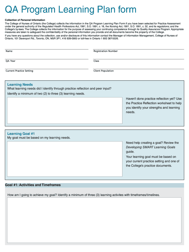 QA Program Learning Plan Form College Of Nurses Of Ontario Cno 