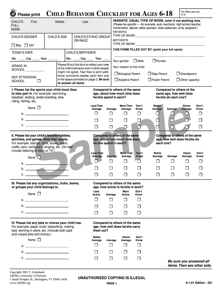 Child Behaviour Checklist Pdf Fill Online Printable Fillable Blank 