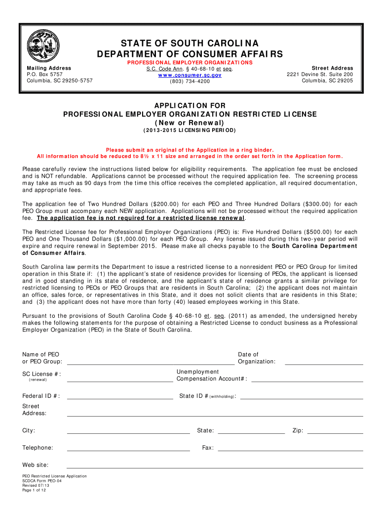 Fillable Online APPLICATION FOR PROFESSIONAL EMPLOYER ORGANIZATION RESTRICTED LICENSE Fax Email ...