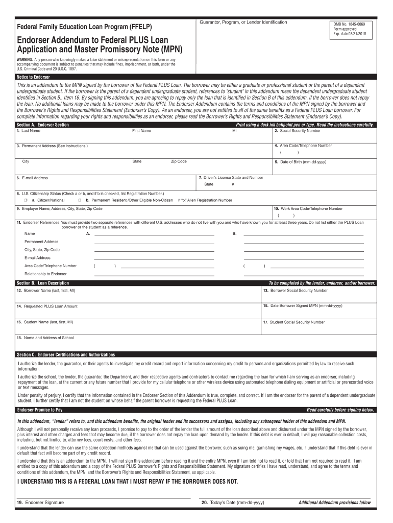 Fillable Online Endorser Addendum to Federal PLUS Loan Application and ...