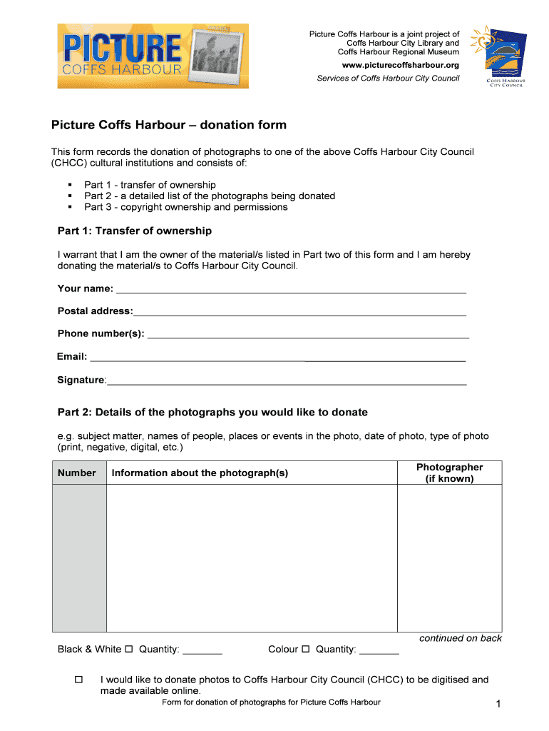 Fillable Online Donation Form for Picture Coffs Harbour Fax Email Print ...