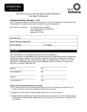 Fillable Online 2012FinalReportEvaluationOperatingGrantpdf - City of Kelowna Fax Email Print ...