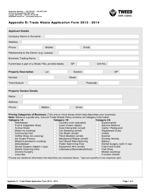 Fillable Online Appendix D Trade Waste Application Form - Tweed Shire ...