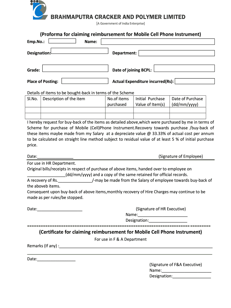 Fillable Online Mobile Cell Phone Instrument Reimbursement Form Fax ...