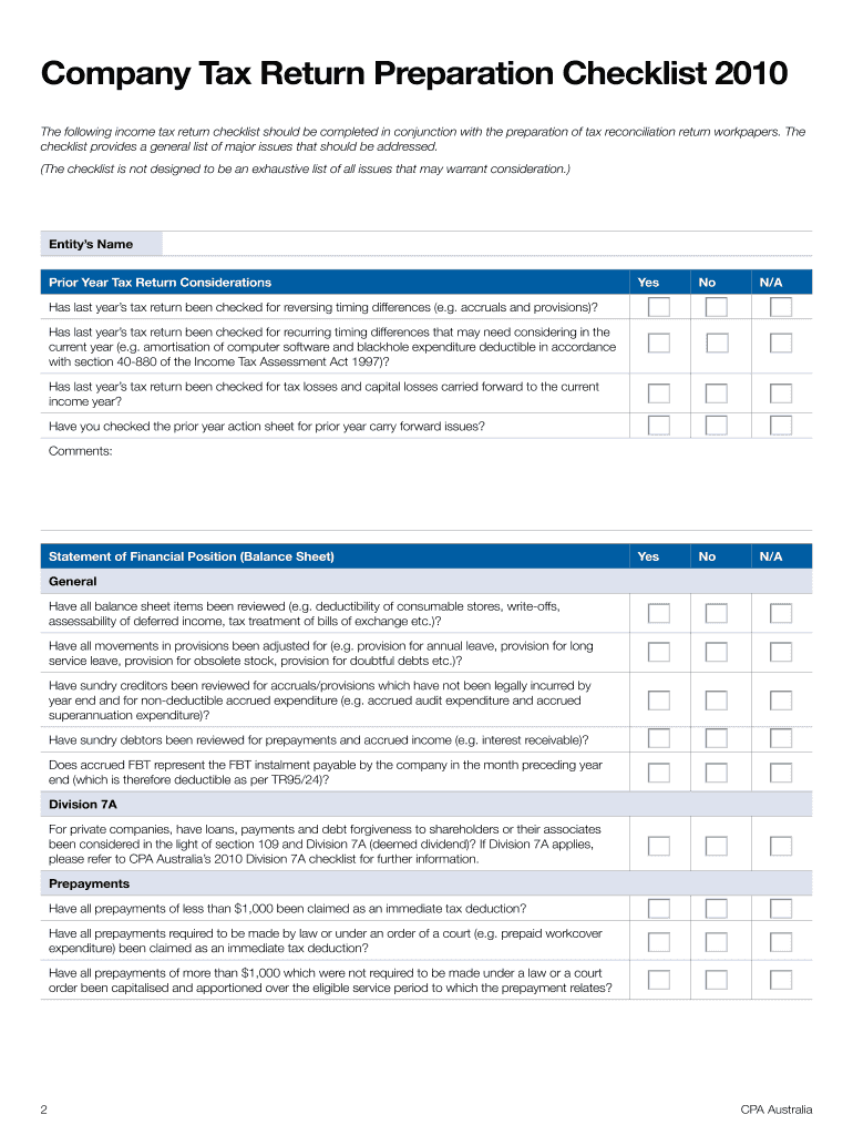 Fillable Online Company Tax Return Preparation Checklist 2010 Fax Email ...
