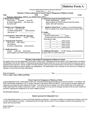 Fillable Online Management of Diabetes at School - Form A - Fremont ...