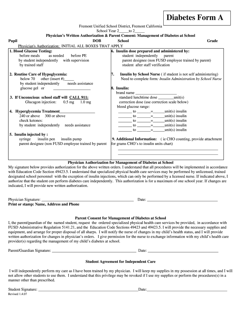 Fillable Online Management of Diabetes at School - Form A - Fremont ...