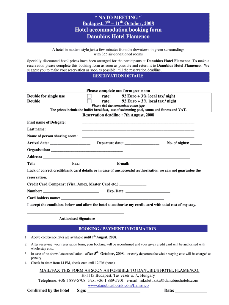 Fillable Online NATO Meeting Hotel Reservation Fax Email Print - pdfFiller