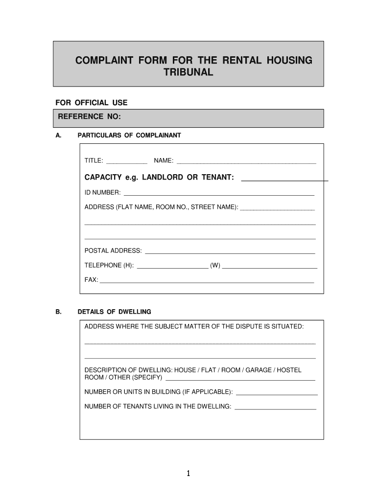 Fillable Online COMPLAINT FORM FOR THE RENTAL HOUSING TRIBUNAL Fax ...