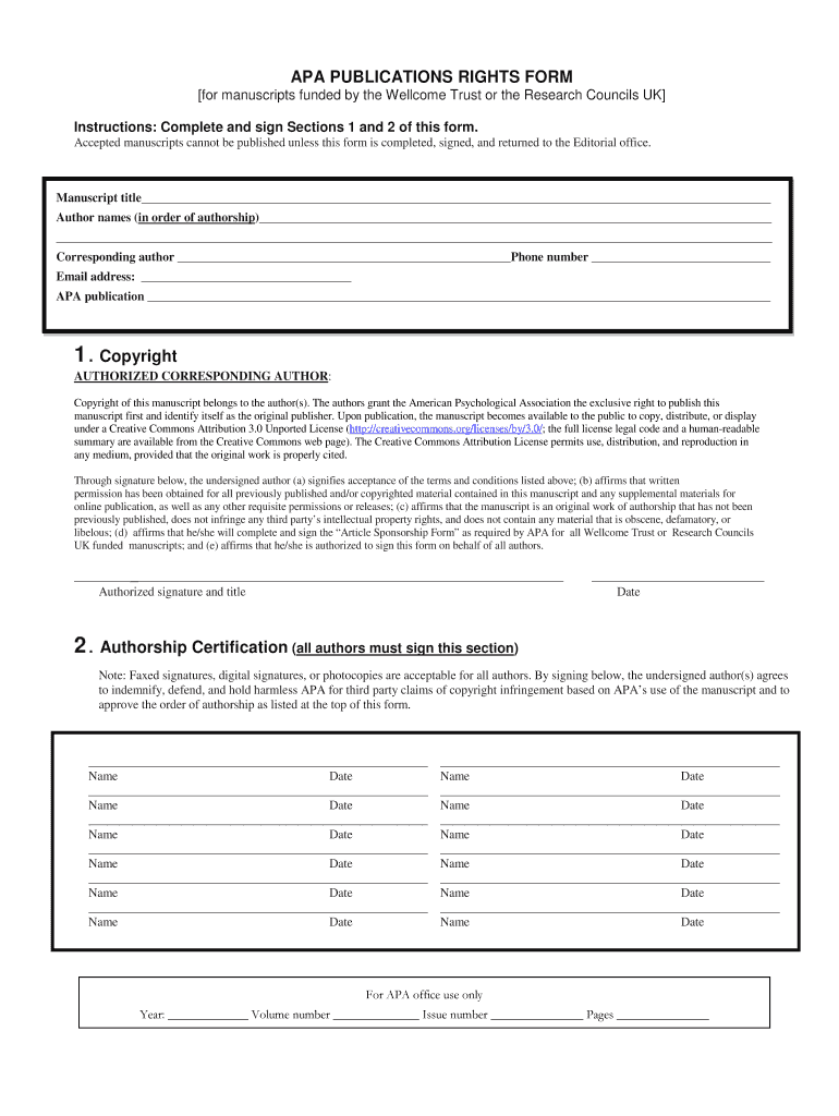 Fillable Online APA Publications Rights Form Fax Email Print - pdfFiller