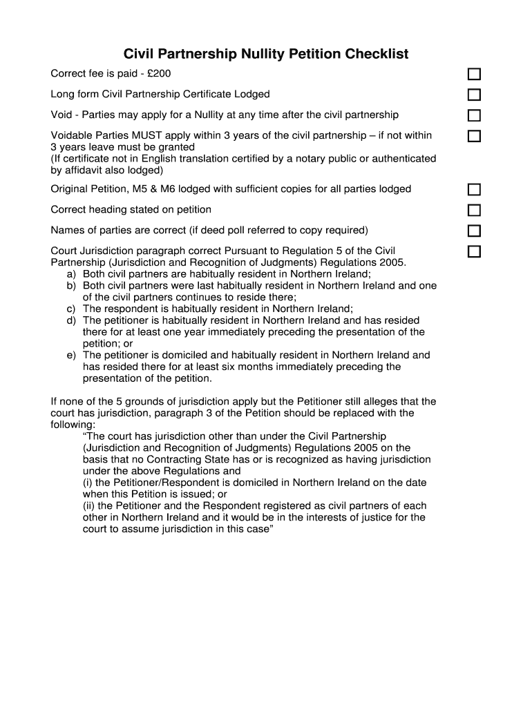 Fillable Online Civil Partnership Nullity Petition Checklist Fax Email ...