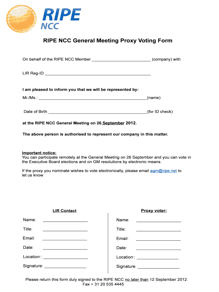 Fillable Online RIPE NCC General Meeting Proxy Voting Form Fax Email ...