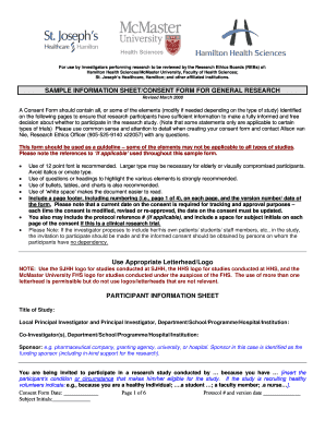 Fillable Online fhs mcmaster SAMPLE INFORMATION SHEET/CONSENT FORM FOR ...