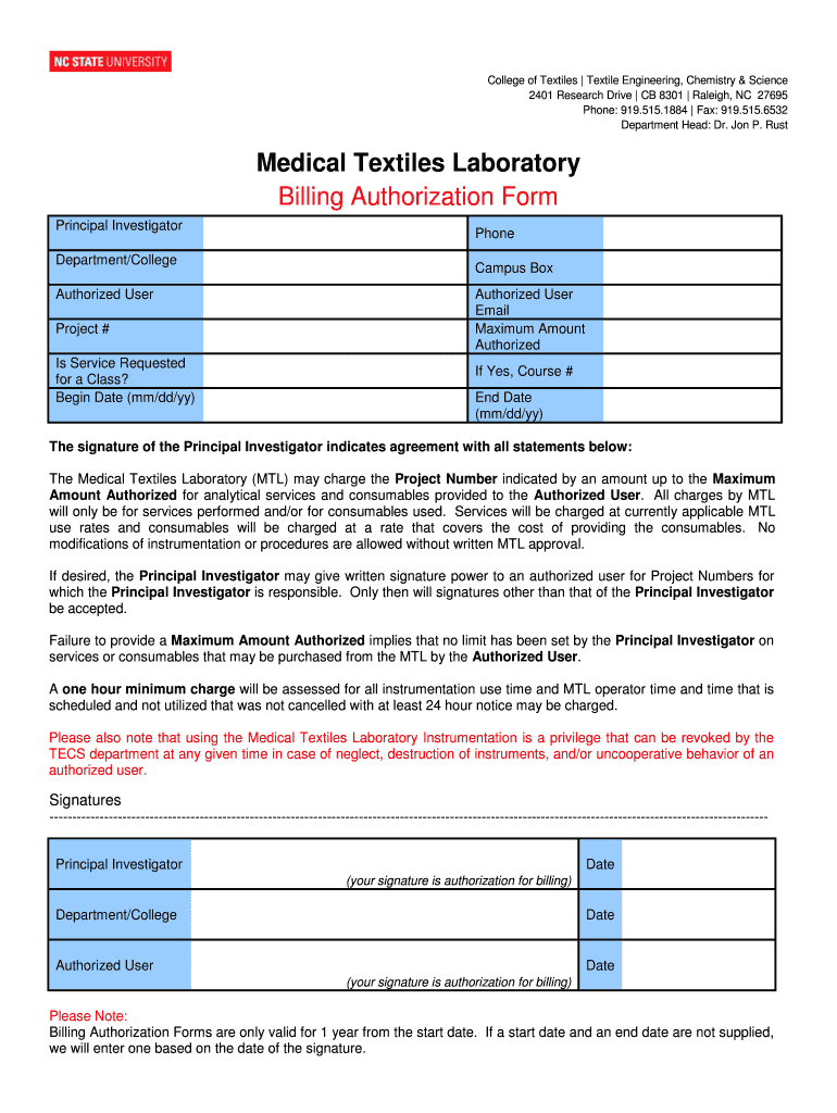 Fillable Online Medical Textiles Laboratory Billing Authorization Fax ...