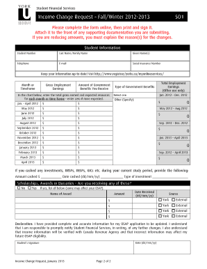 Fillable Online Income Change Request FallWinter b2012b-2013 - Student ...
