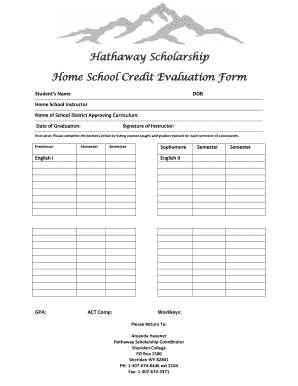 Fillable Online sheridan Hathaway Scholarship Home School Credit Evaluation Form - sheridan Fax ...