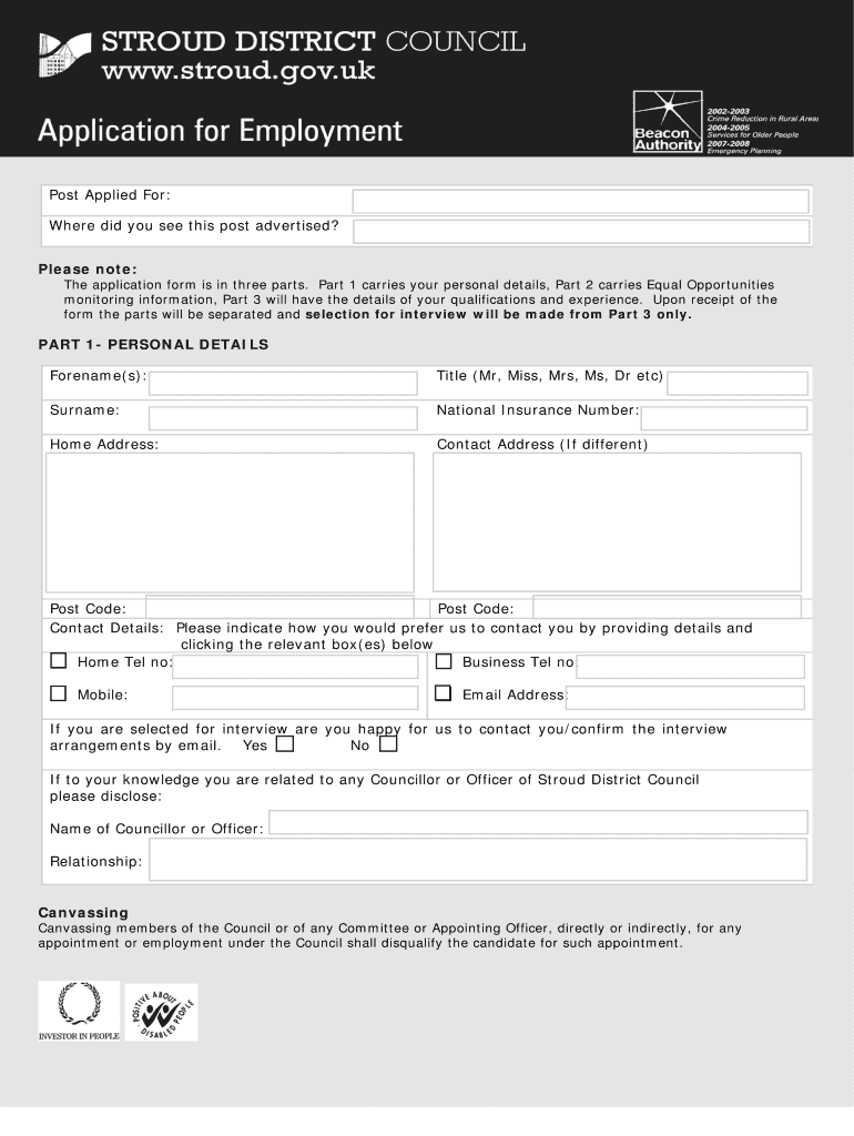 Fillable Online stroud gov Job Application Form - PDF Version - Stroud ...