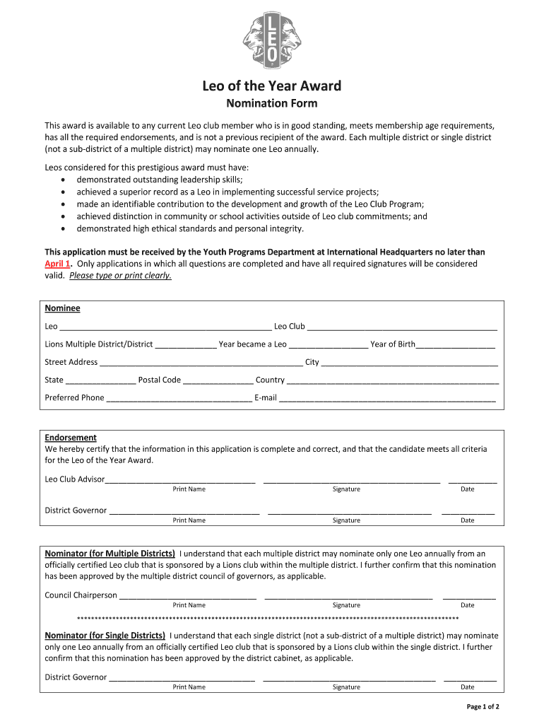 Fillable Online lionsclubs Leo of the Year Award Application - Lions ...