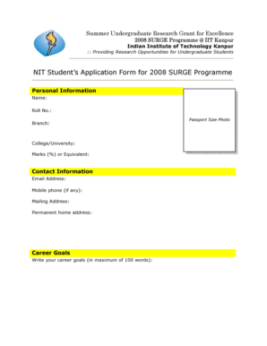Fillable Online iitk ac NIT Student's Application Form for 2008 SURGE ...