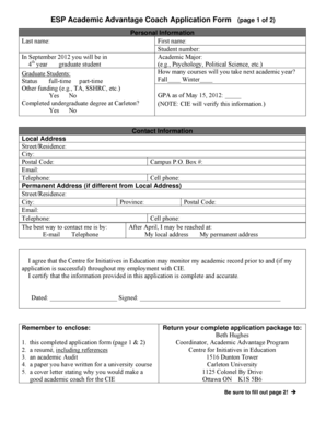 Fillable Online www1 carleton ESP Academic Advantage Coach Application Form (page 1 of 2) - www1 ...