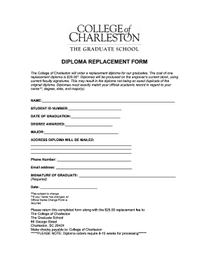 Fillable Online gradschool cofc Diploma replacement form - The Graduate ...