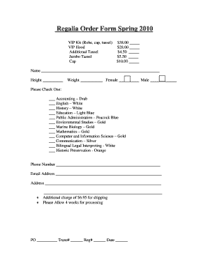 Fillable Online gradschool cofc Grad Regalia Order Form Fall 2009 Fax ...