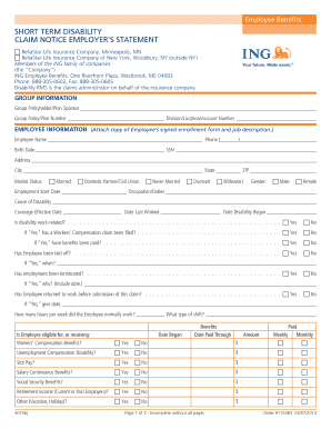 Fillable Online RESET FORM Employee Benefits SHORT TERM DISABILITY CLAIM NOTICE EMPLOYER Fax ...