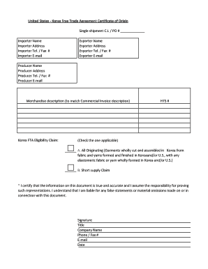 Fillable Online US-Korea FTA bCertificateb of Origin PDF Document ...