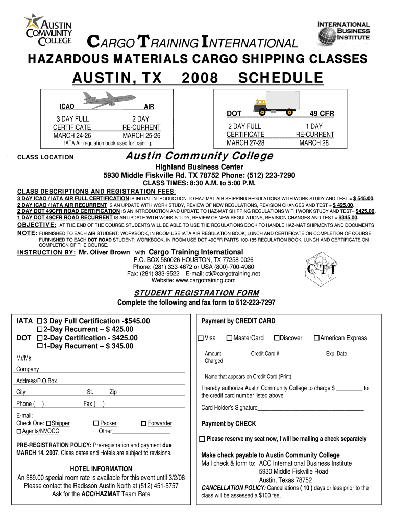 Fillable Online CARGO TRAINING INTERNATIONAL - HAZARDOUS MATERIALS CARGO SHIPPING CLASSES Fax ...