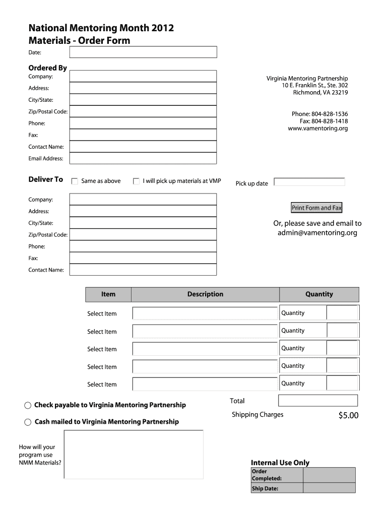 Fillable Online mentoring Order Form - National Mentoring Partnership ...