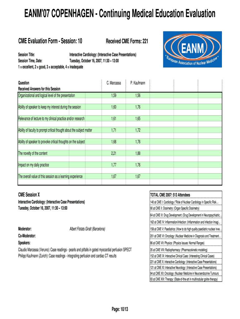 Fillable Online CME Evaluation for EANM'07 COPENHAGEN Fax Email Print ...