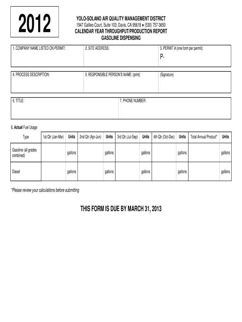 Fillable Online ysaqmd Gasoline Throughput 2012pdf - Yolo-Solano Air Quality bb Fax Email Print ...
