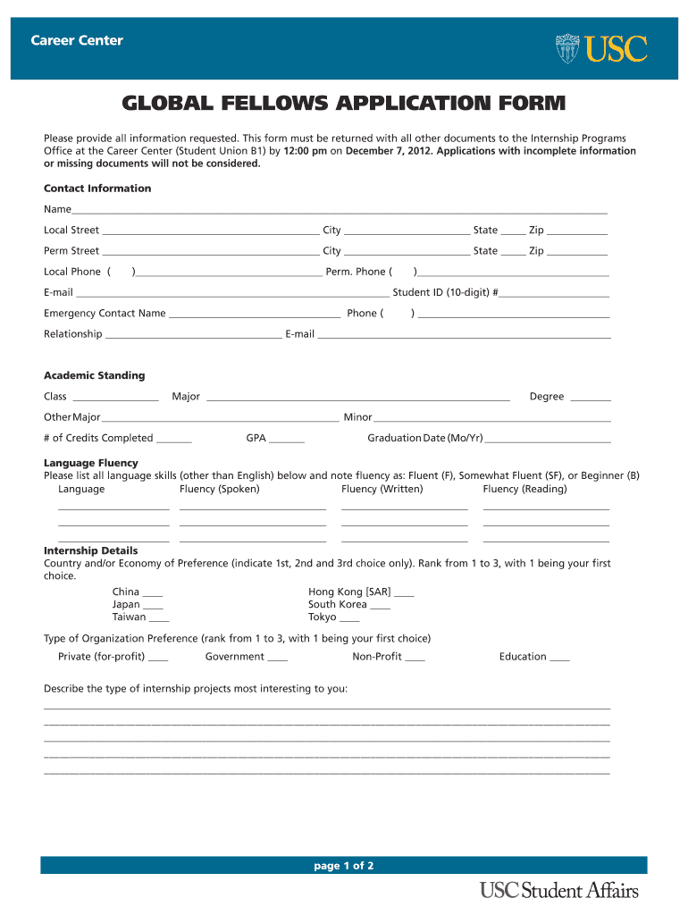 Fillable Online USC Global Fellows Internship Program Application Fax Email Print - pdfFiller