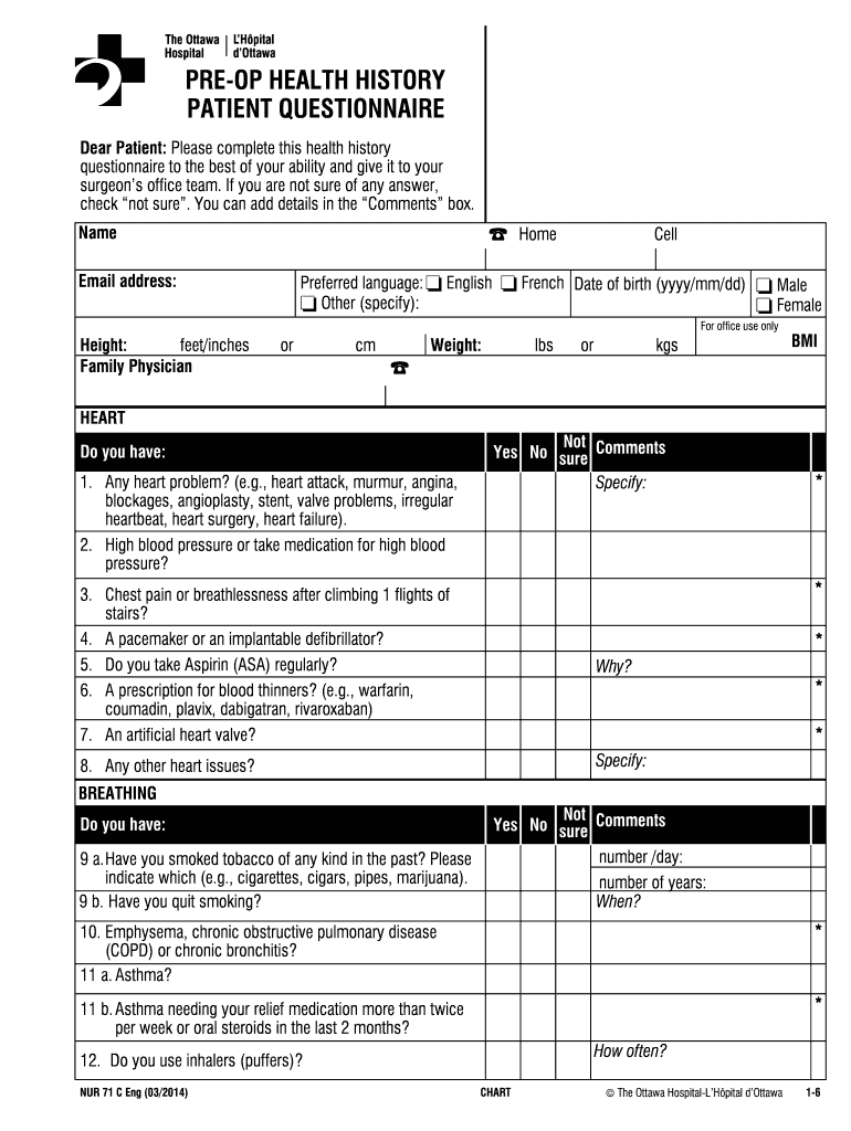 Pre-Op Health History Patient Questionnaire - Blank Fillable Template ...