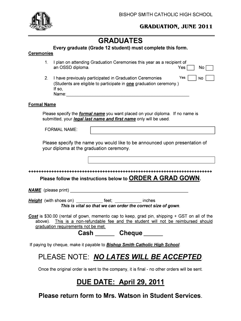 Fillable Online Bishop Smith Catholic High School Graduation Form Fax ...