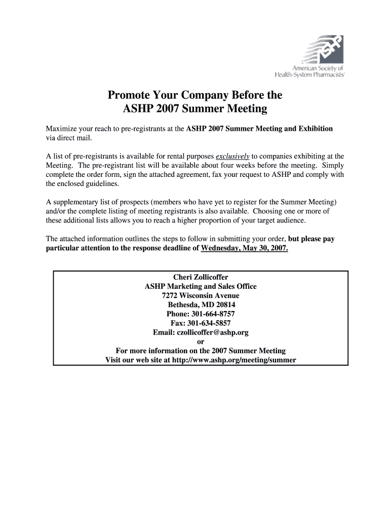Fillable Online ASHP 2007 Summer Meeting List Rental Instructions Fax ...