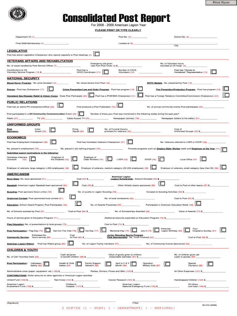Fillable Online Consolidated Post Report for 2008 - 2009 American ...