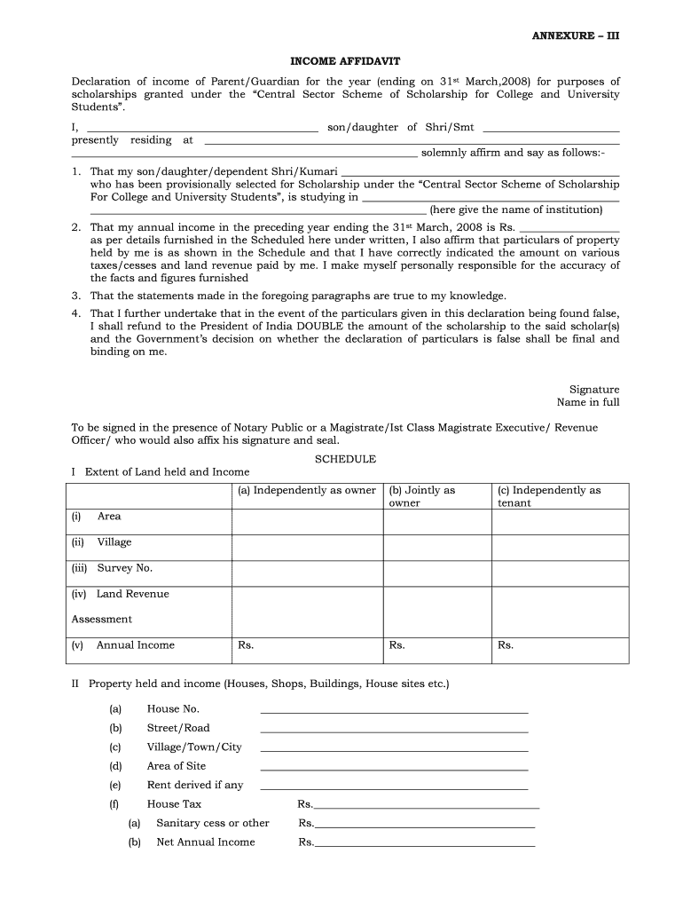 Fillable Online cbse nic ANNEXURE III INCOME AFFIDAVIT Declaration of income of Parent Fax Email ...