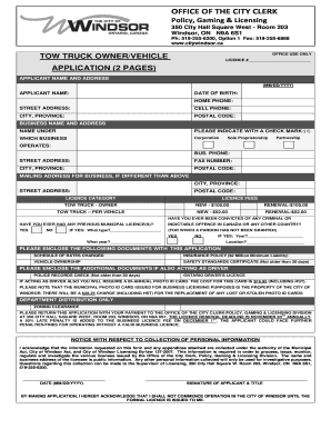 Fillable Online Application - Tow Truck (Owner/Driver/Vehicle) - City ...