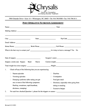 Fillable Online POST OPERATIVE NUTRITION ASSESSMENT Fax Email Print ...