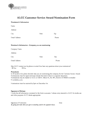 Fillable Online ALCC Customer Service Award Nomination Form Fax Email ...