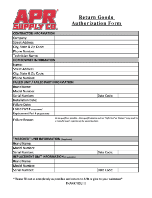 Fillable Online Return Goods Authorization Form - APR Supply Co Fax ...